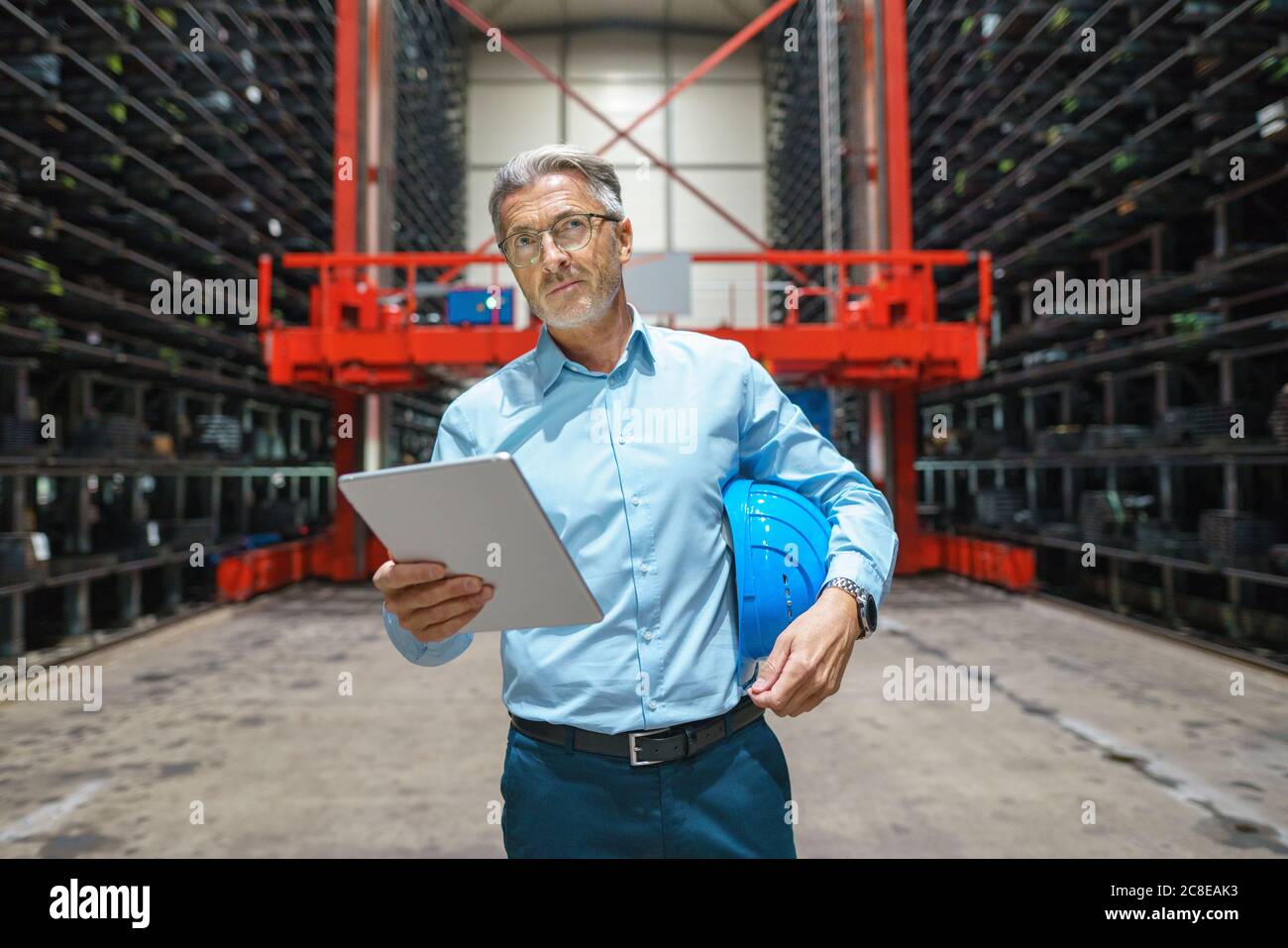 Mature businessman using tablet in a high rack warehouse of a factory ...