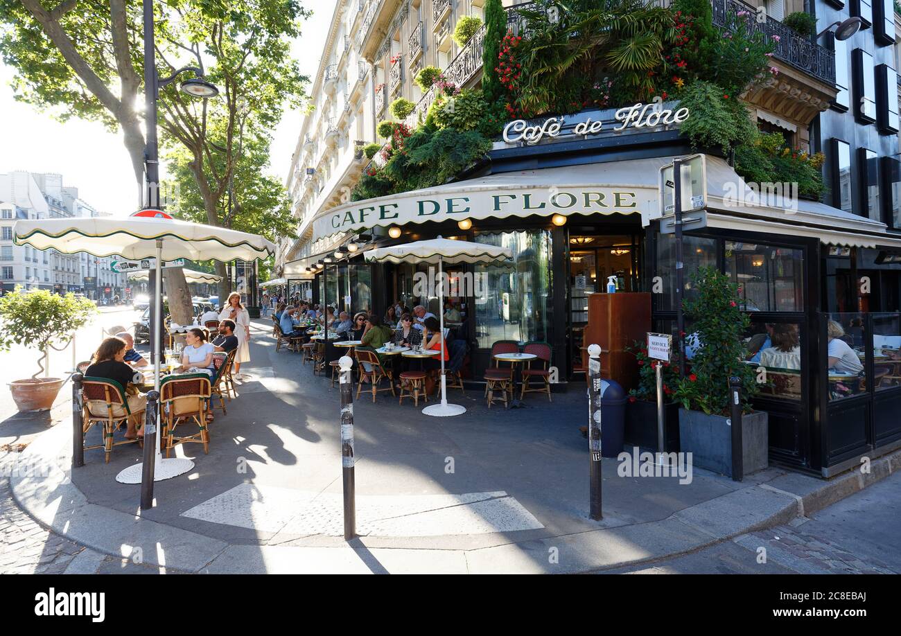 The cafe De Flore located at the corner of boulevard Saint Germain and ...