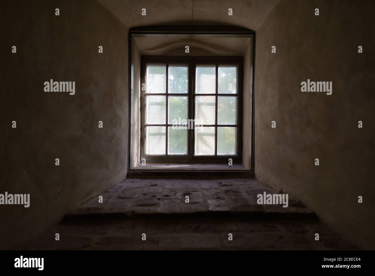 Closed vintage window cemented on brick wall with natural view and ...