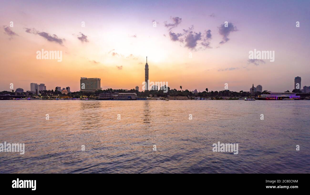 Egypt, Cairo, Cairo Tower on Gezira Island seen across river Nile at ... Egypt, Cairo, Cairo Tower on Gezira Island seen across river Nile at ...