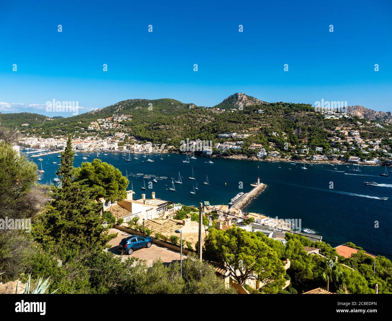 Spain, Mallorca, Andratx, Clear sky over bay of coastal town in summer ...