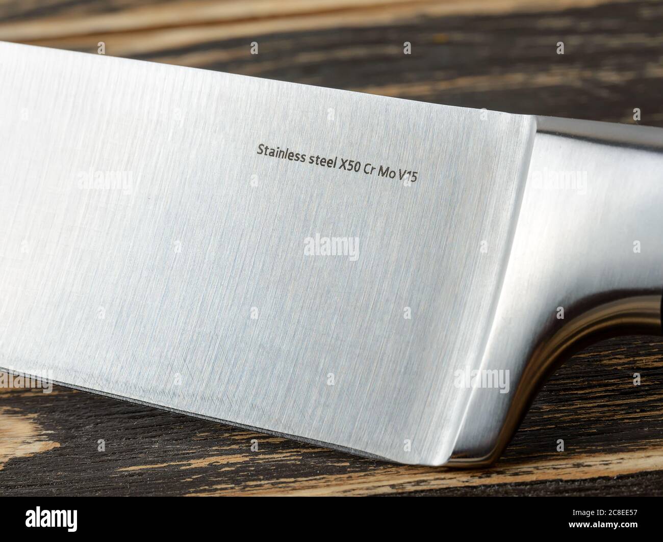 Close-up of steel grade on a professional chef knife blade. Modern ...
