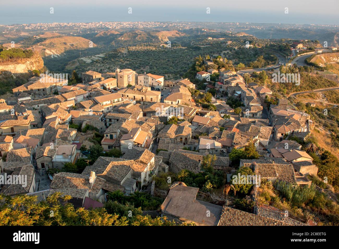 aerial view of Gerace, Calabria (Italy) at the sunset. A south italian ...