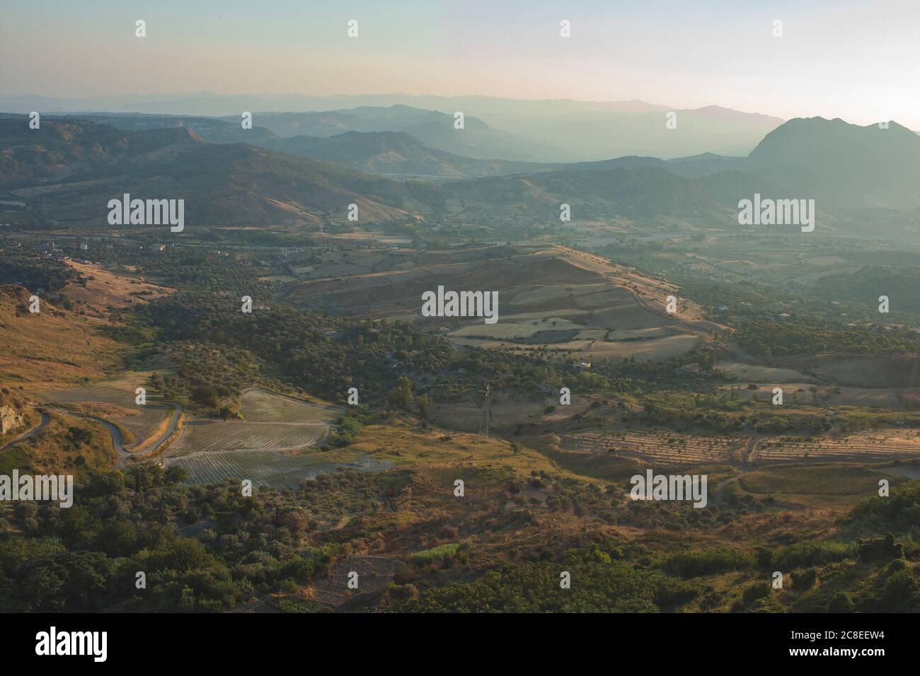 aerial view of Gerace, Calabria (Italy) at the sunset. A south italian ...