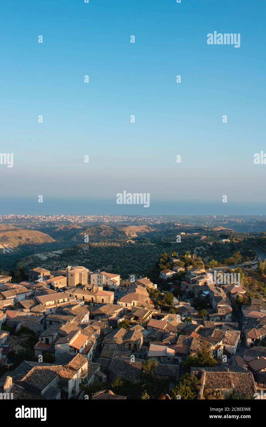 aerial view of Gerace, Calabria (Italy) at the sunset. A south italian ...