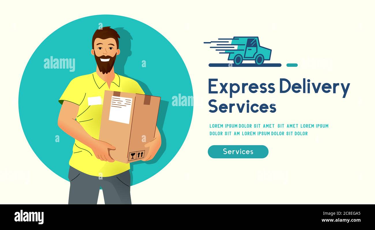 A happy delivery man smiling and holding a parcel for delivery. People ...