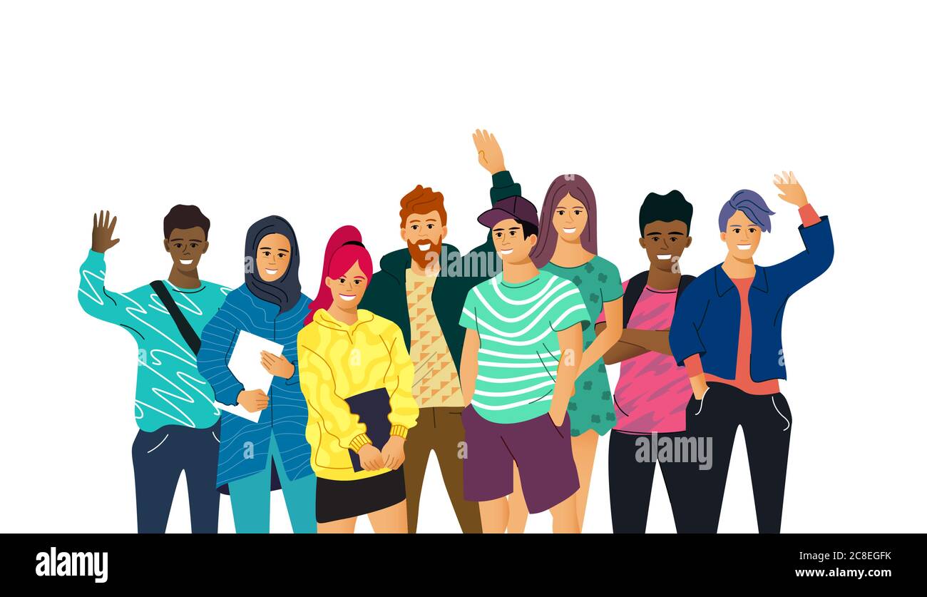 A collection of multicultural young adult students smiling and waving ...