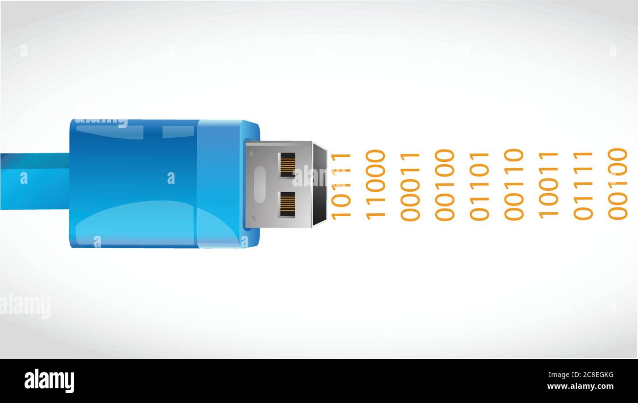 Usb connection and binary data. illustration design over a white ...