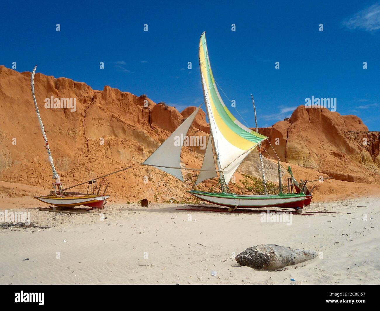 Traditional boat called Jangada in Canoa Quebrada, Brazil Stock Photo ...