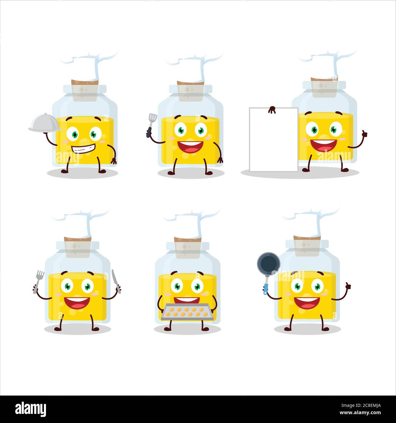 Cartoon character of yellow potion with various chef emoticons Stock ...