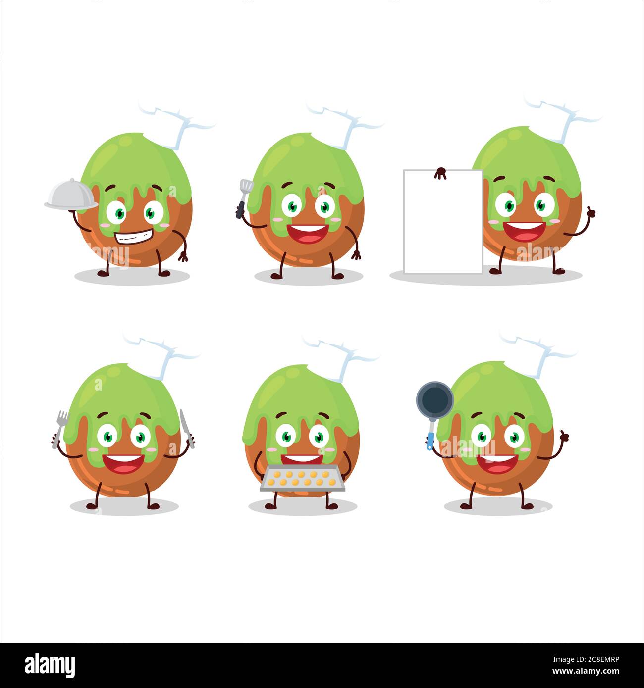 Cartoon character of choco green candy with various chef emoticons ...