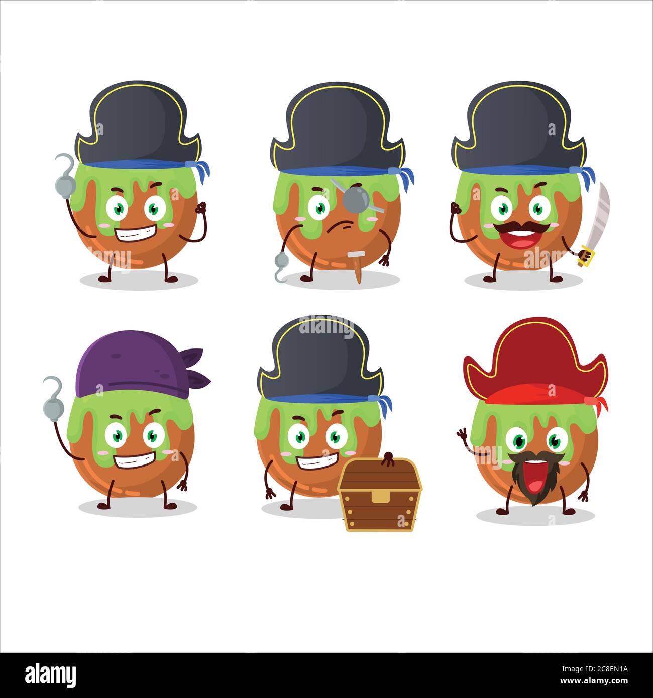 Cartoon character of choco green candy with various pirates emoticons ...
