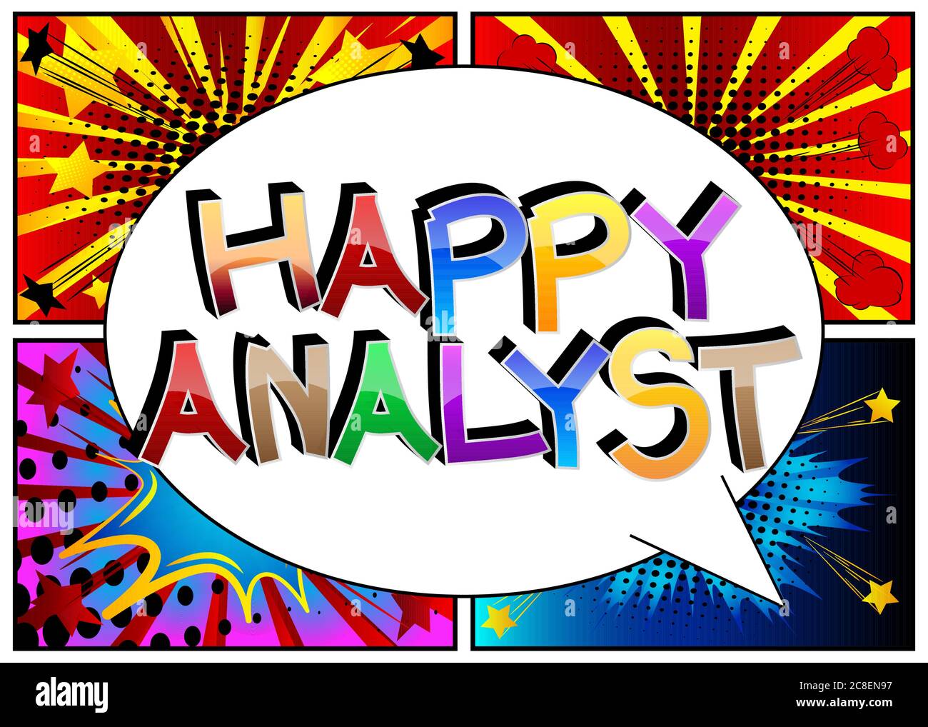 Happy Analyst Comic book style cartoon words on abstract background ...