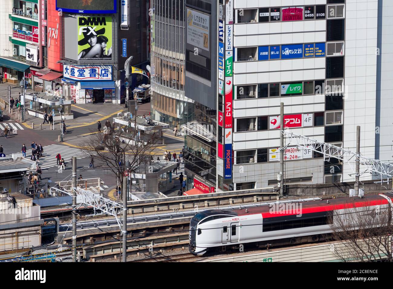 A E259 series train on the Narita Express route passes through Shibuya ...