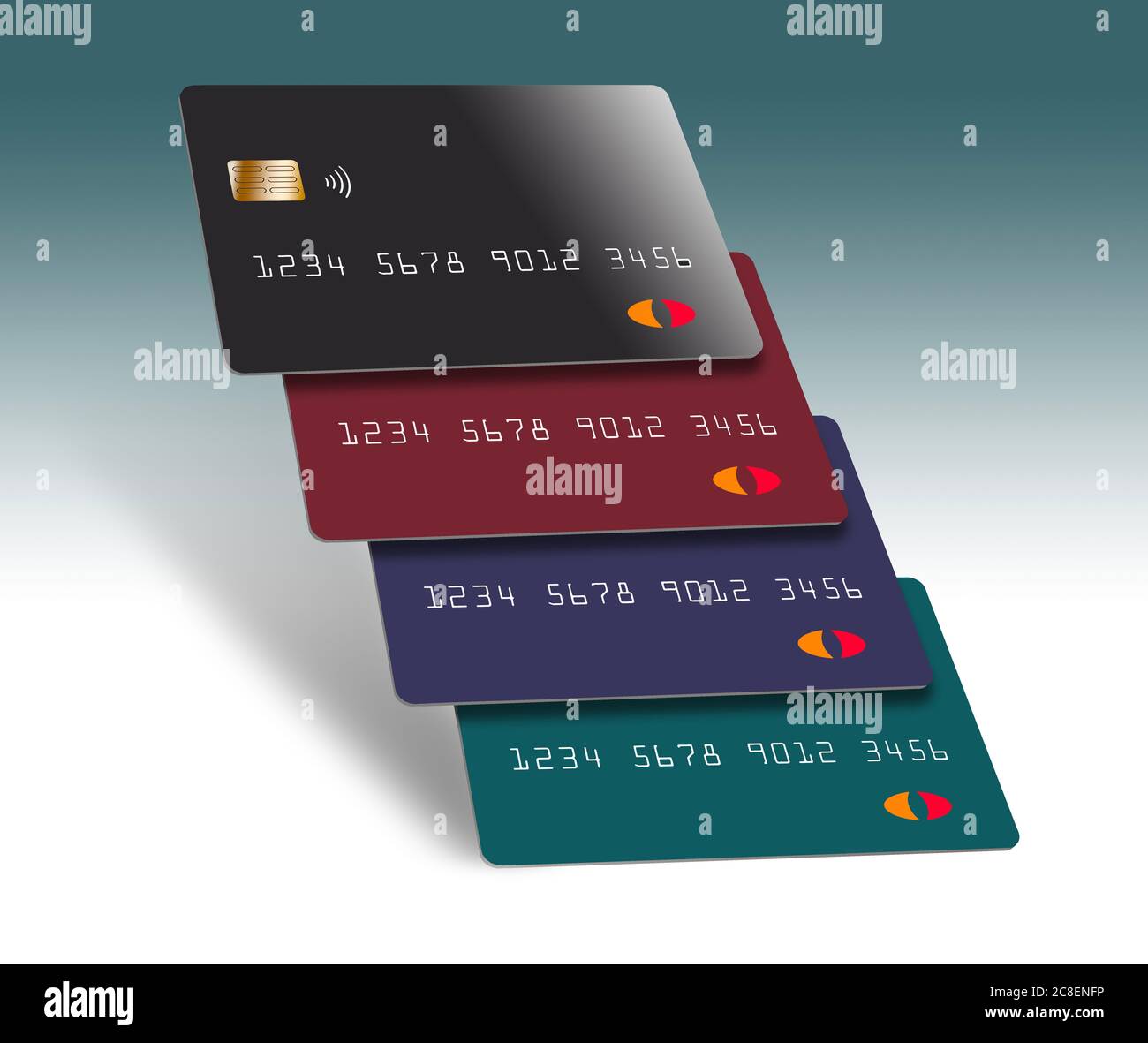 Four credit cards are seen stacked in an interesting formation Stock ...