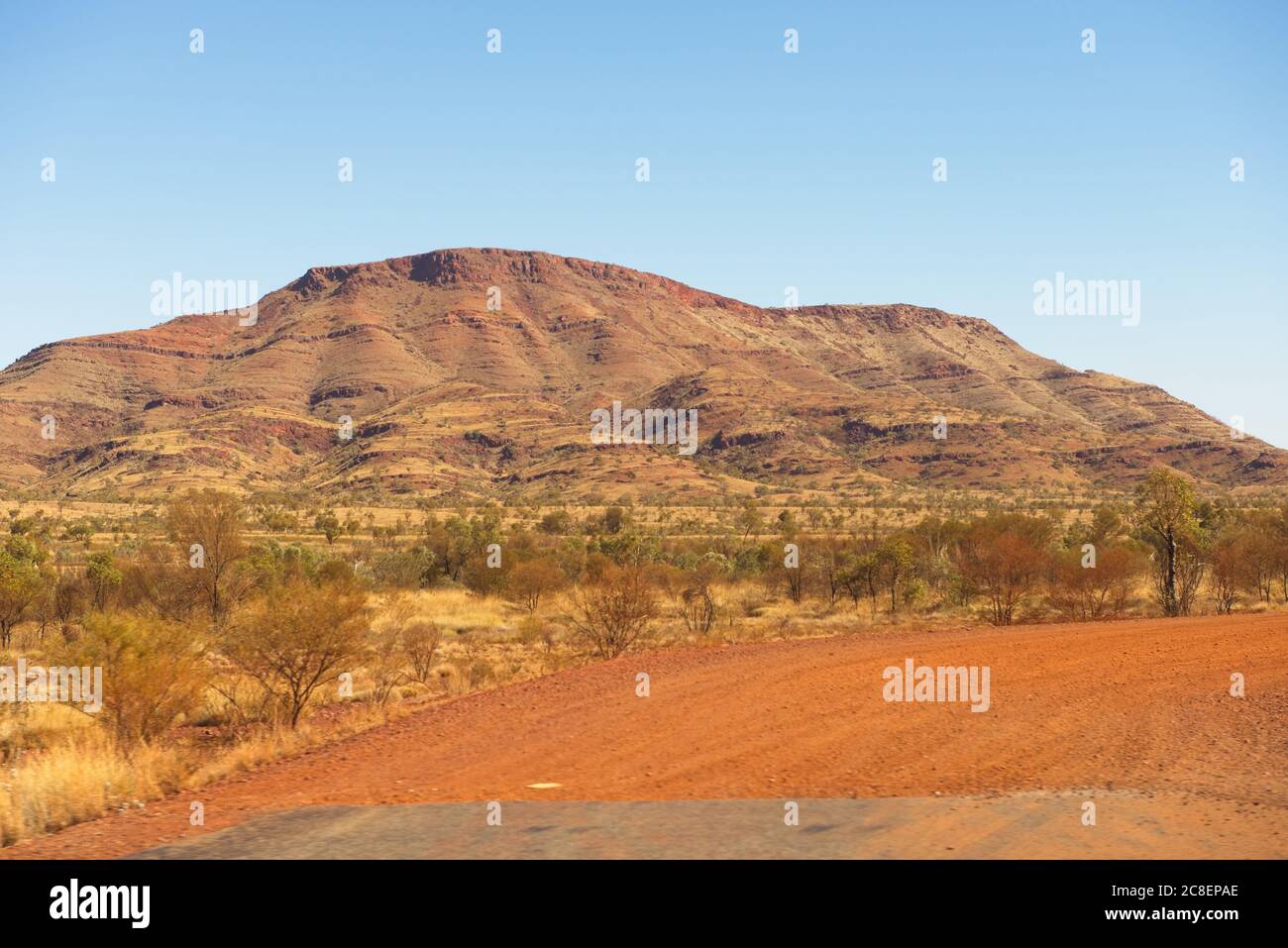 Panoramic view of mountain and bush vegetation of Pilbara outback landscape in Western Australia ...