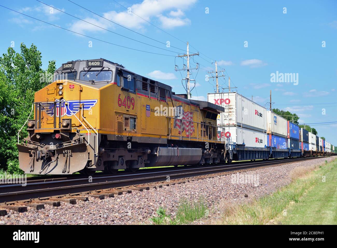 Geneva, Illinois, USA. A single locomotive leads a Union Pacific ...