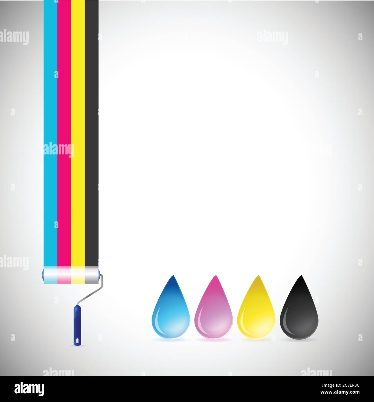 Cmyk paint roller and ink drops illustration design over a white ...