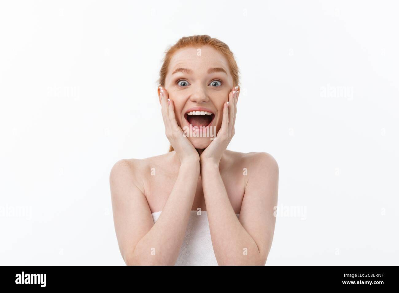 Happy beautiful girl is happy smiling and laughing look stright ...
