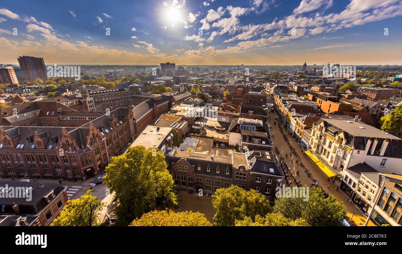 Aerial Skyline view of historic Groningen city centre under setting sun ...