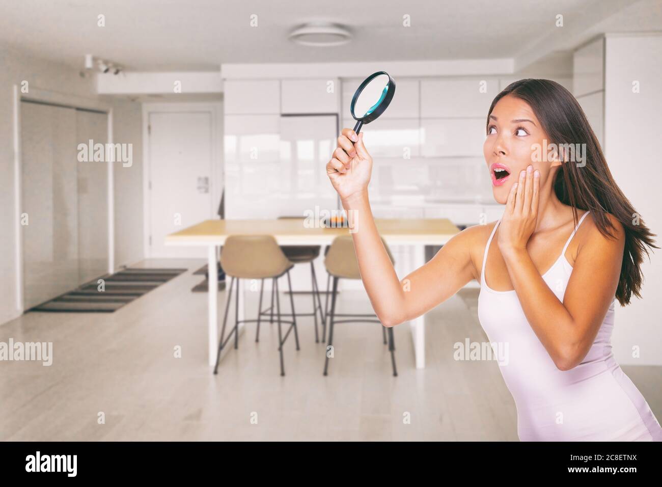 New home real estate buyer Asian woman happy impressed with modern ...