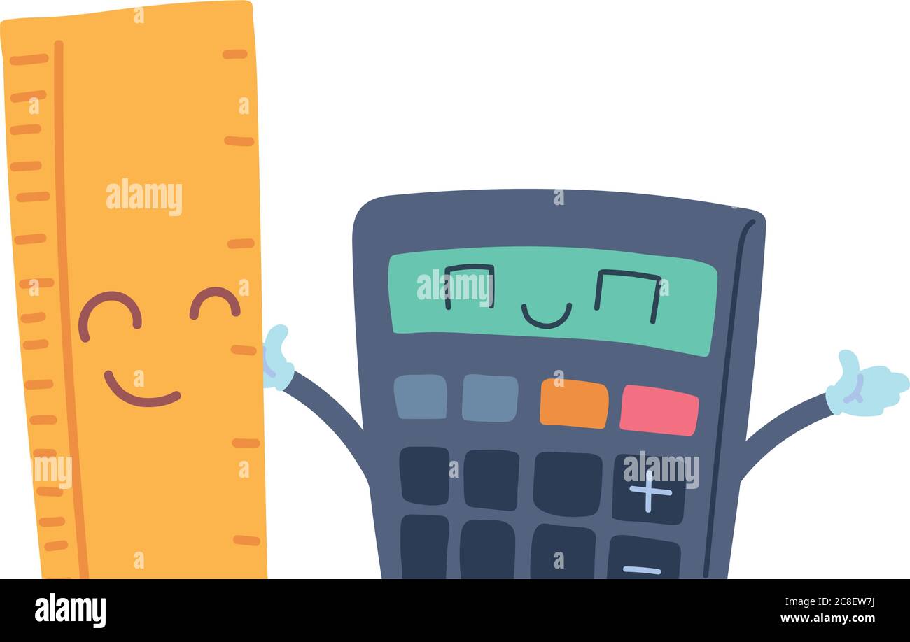 calculator and rule sheet with happy face cartoon, school supplies ...