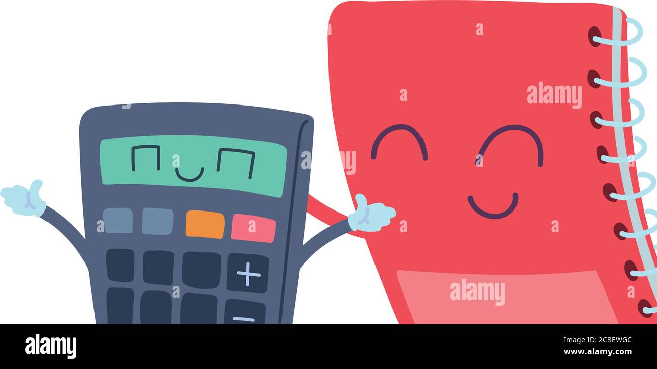 calculator and notebook with happy face cartoon, school supplies vector ...