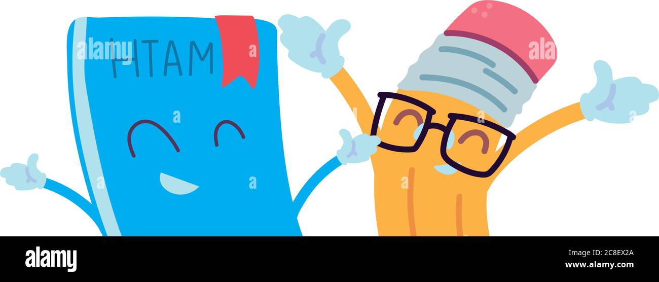 notebook and pencil with happy face cartoon, school supplies vector ...