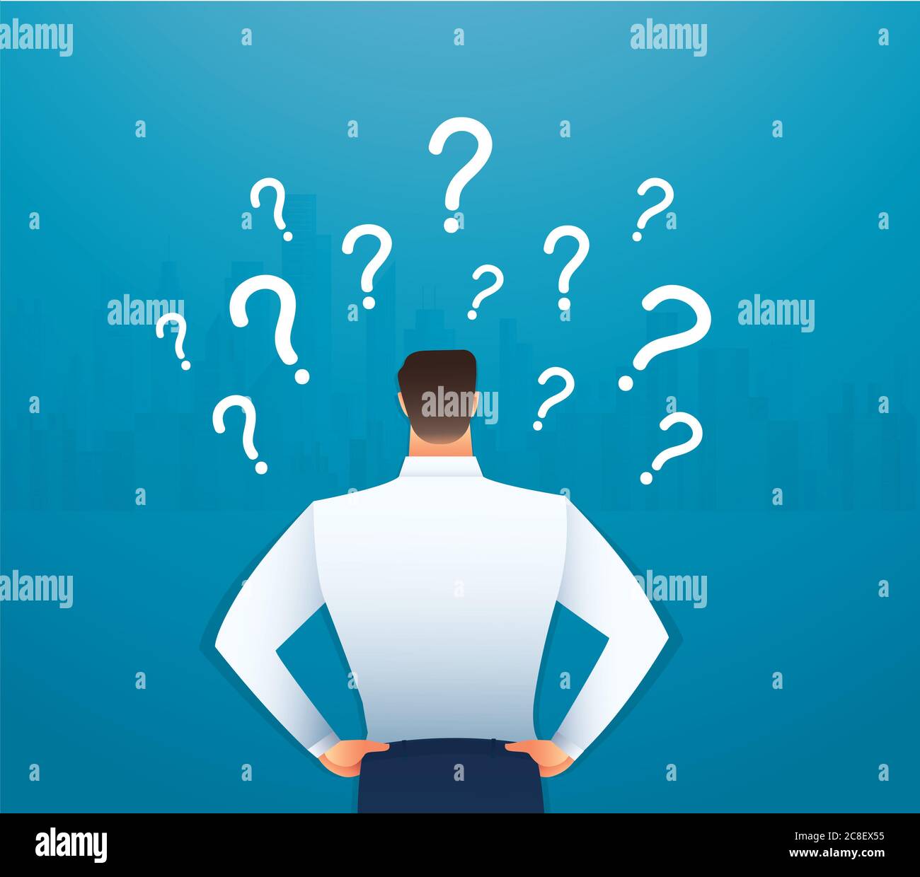 back view of businessman looking at question marks Stock Photo - Alamy