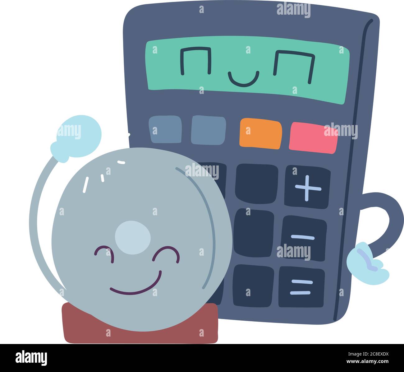 calculator and alarm with happy face cartoon, school supplies vector ...