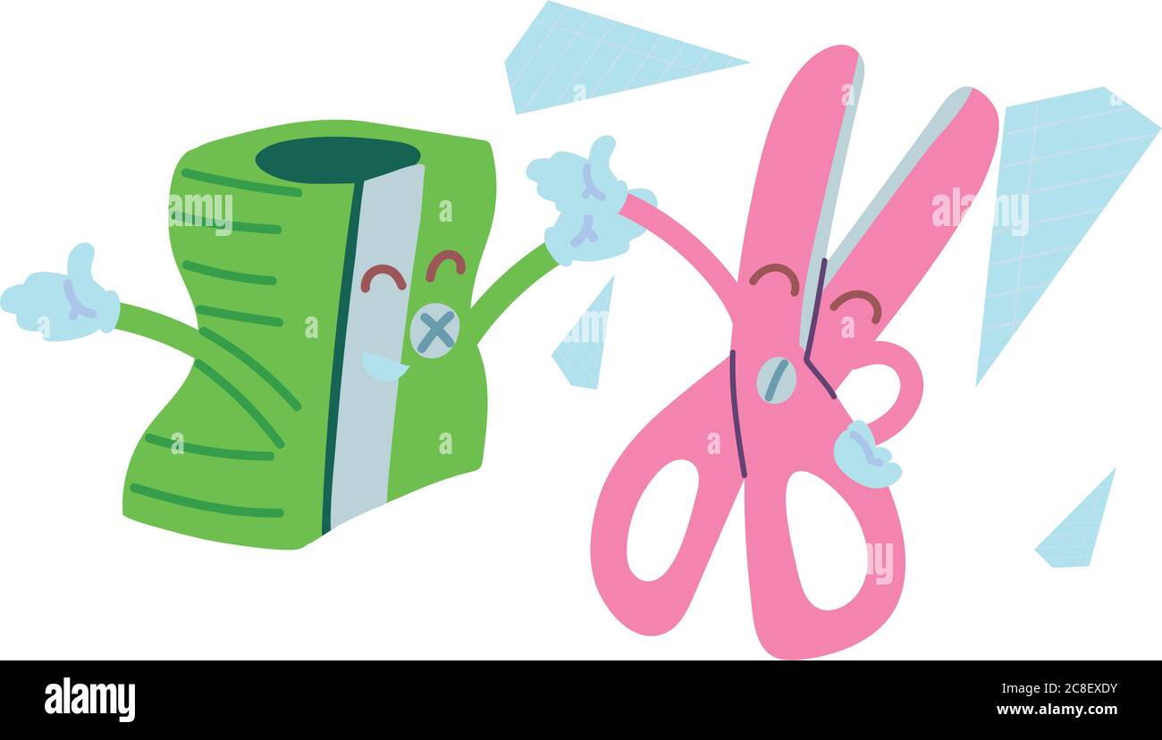 pencil sharpener and scissors with happy face cartoon, school supplies ...