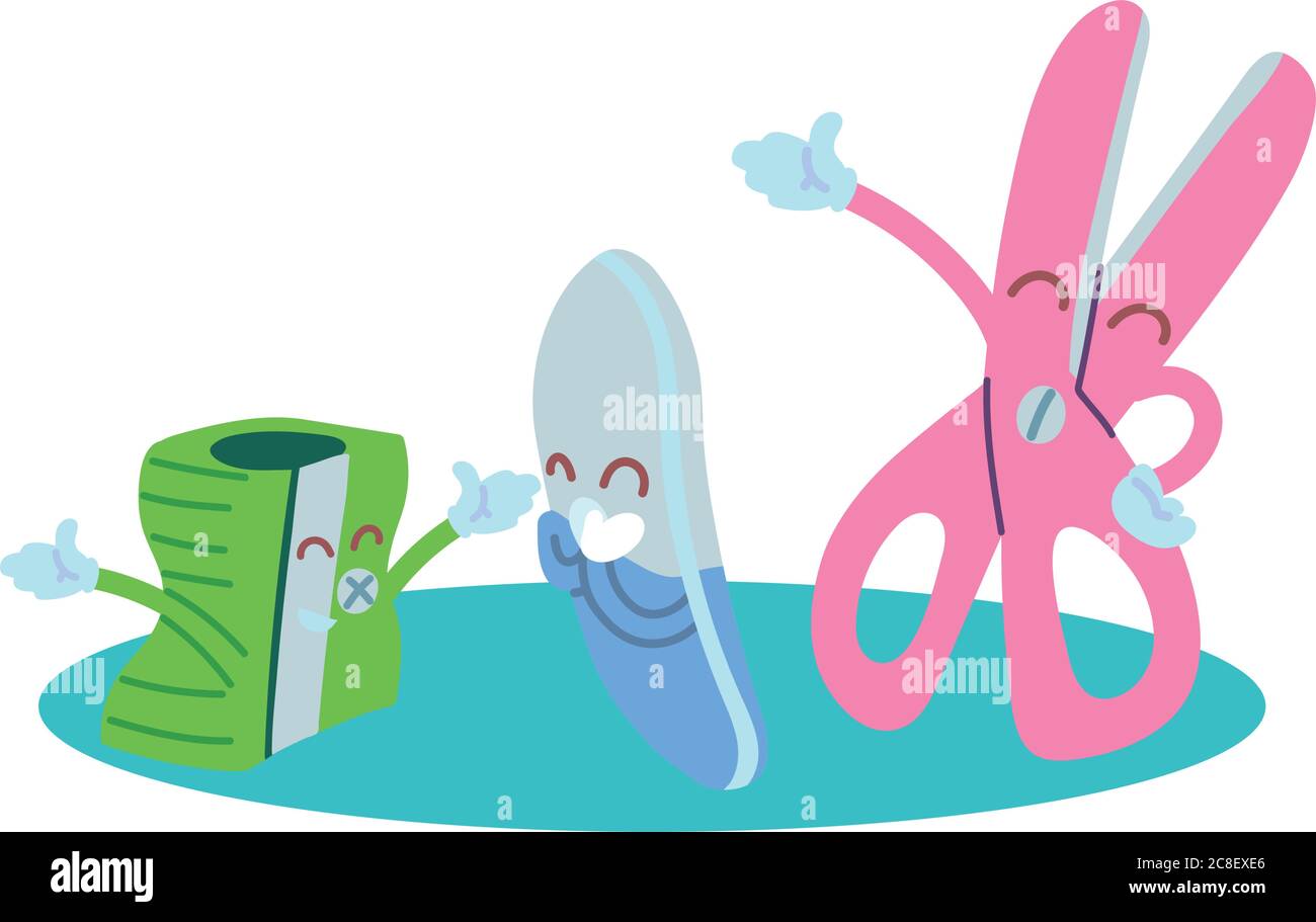sharpener , scissors and eraser with happy face cartoon, school ...