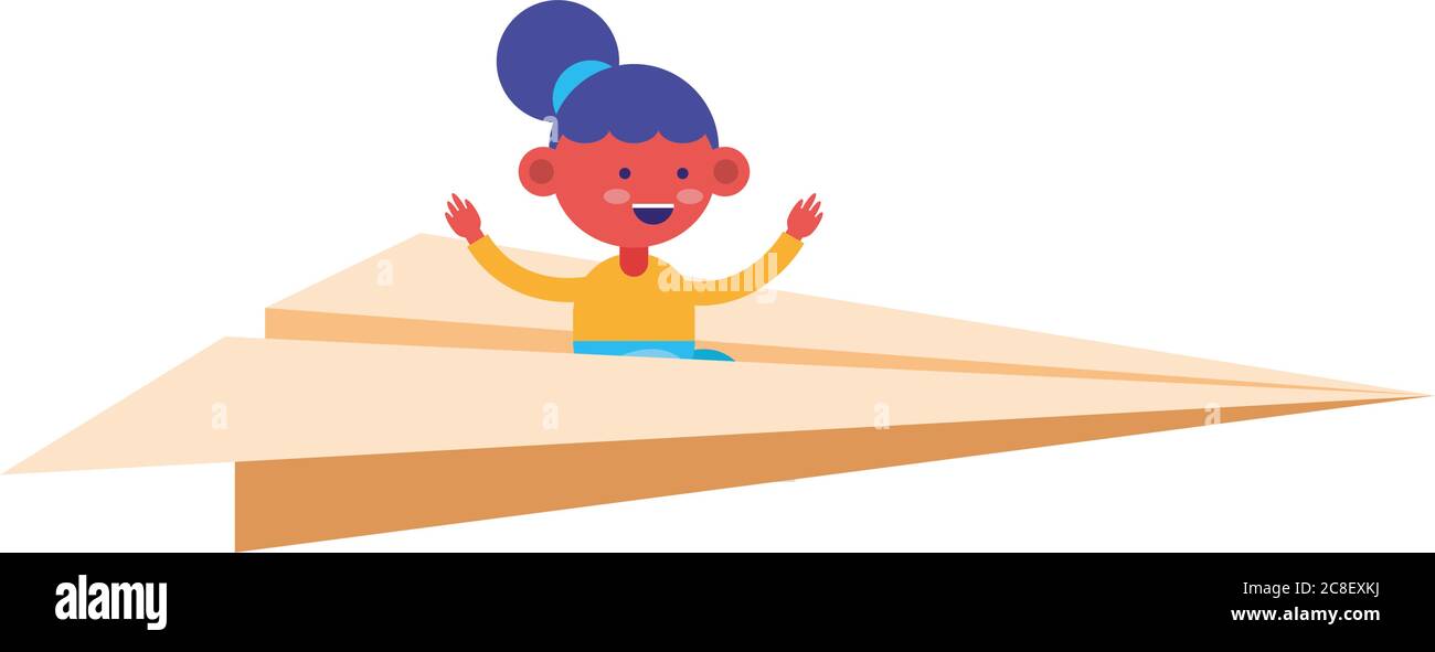 little student girl flying in paper airplane comic character vector ...