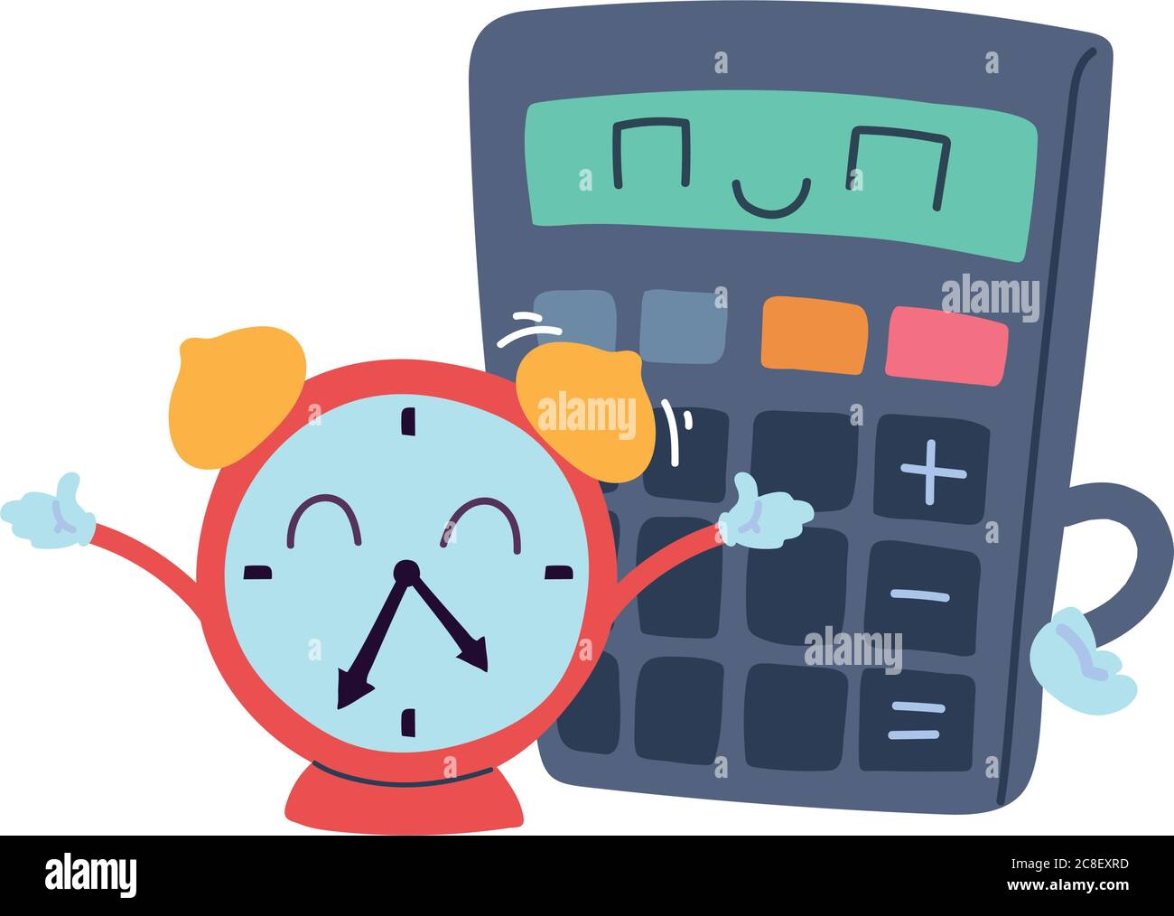 calculator and clock with happy face cartoon, school supplies vector ...