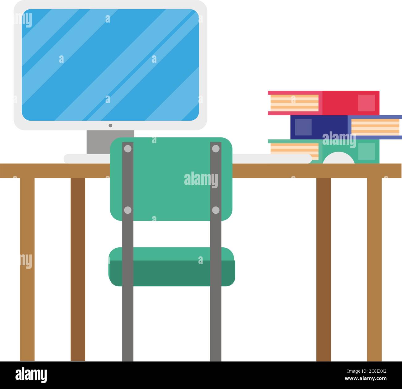 desktop computer technology in desk with pile books vector illustration ...
