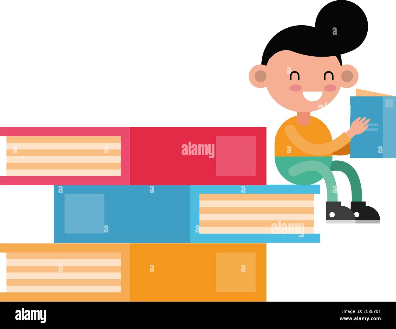 little student boy seated in books comic character vector illustration ...