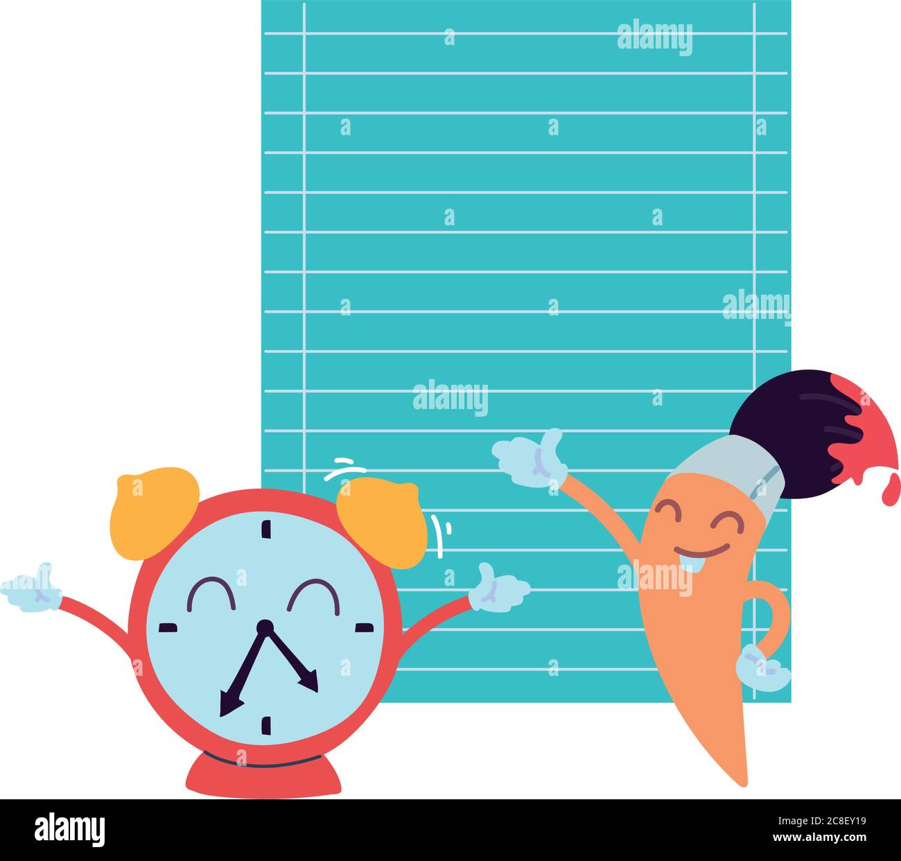 paper, clock and brush with happy face cartoon vector illustration ...