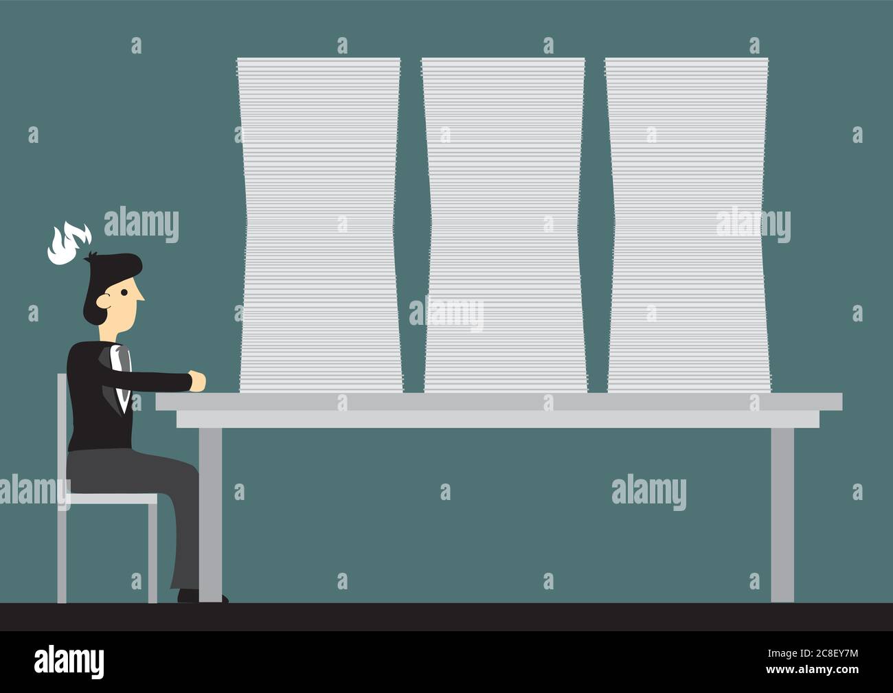 Business employee sit at desk swamped with stacks of document and ...