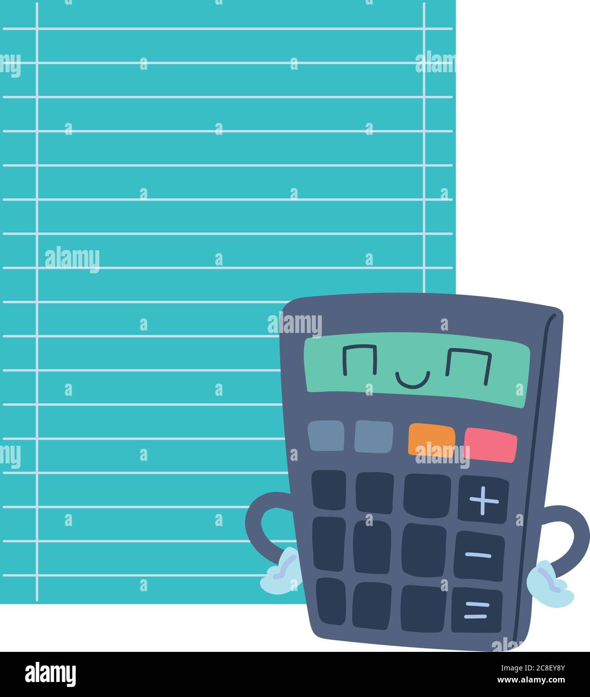 calculator and paper sheet with happy face cartoon, school supplies ...