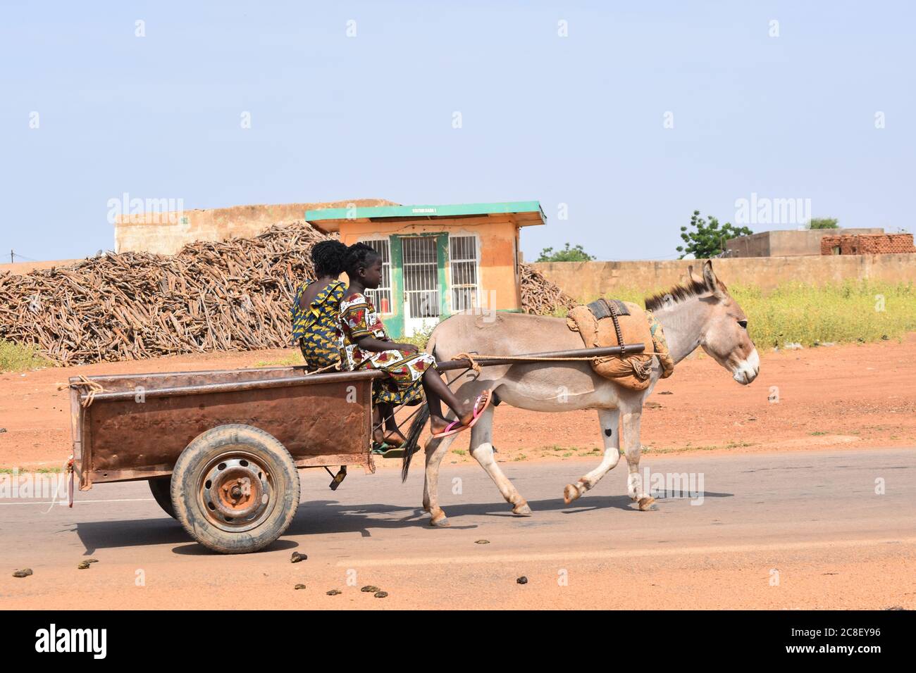 Two little girls riding home in a cart pulled by a donkey Stock Photo ...