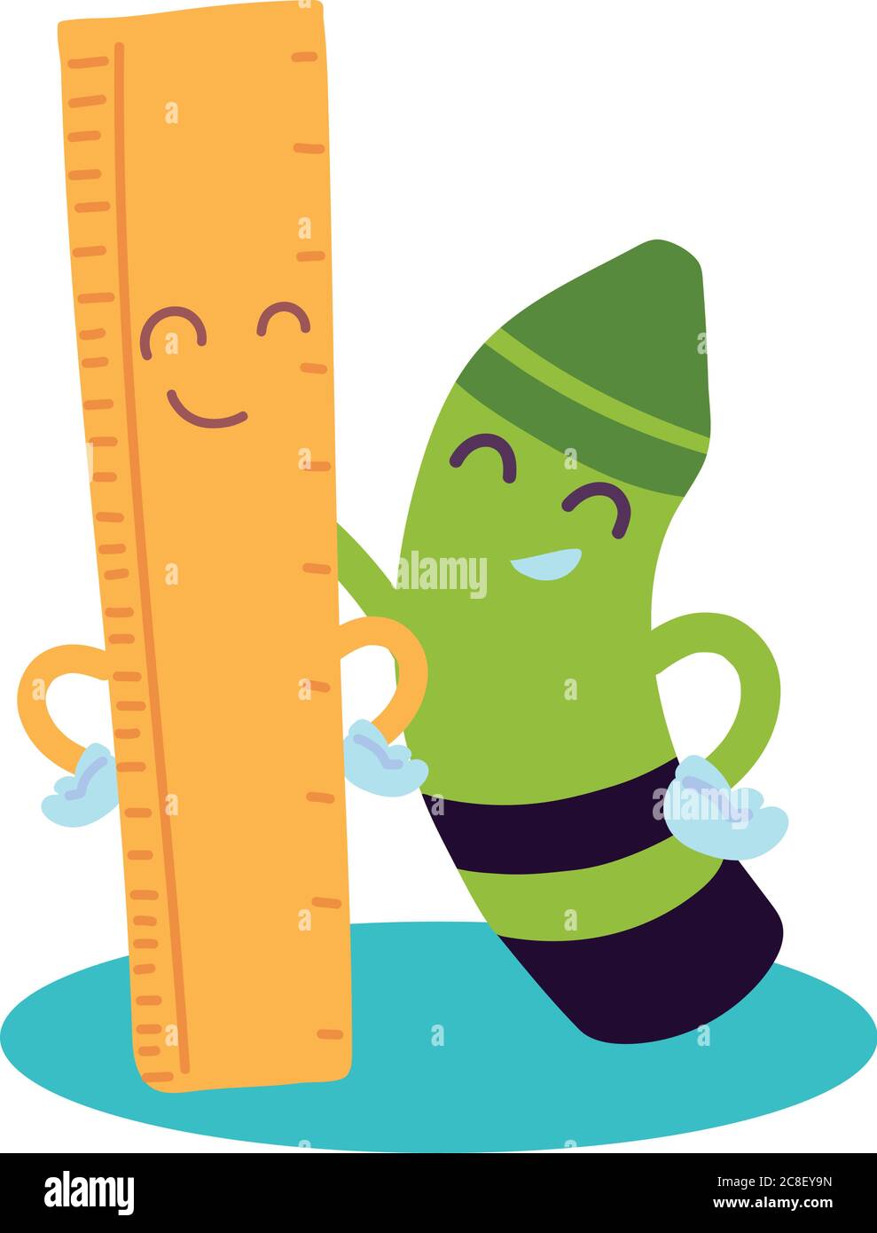 ruler and crayon with happy face cartoon, school supplies vector ...