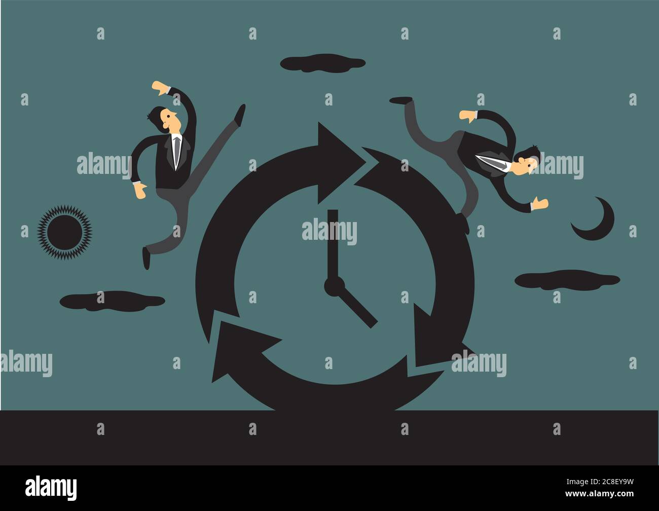 Businessmen racing against time around a clock with sun and moon in the ...
