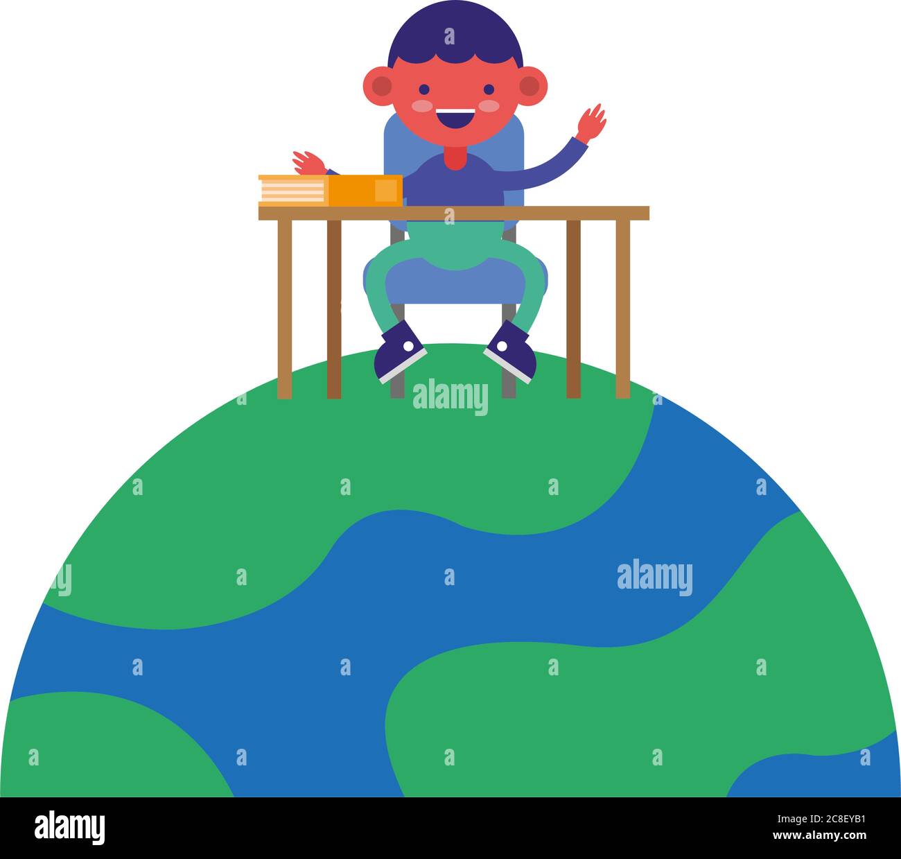 little student boy seated in desk on planet comic character vector ...