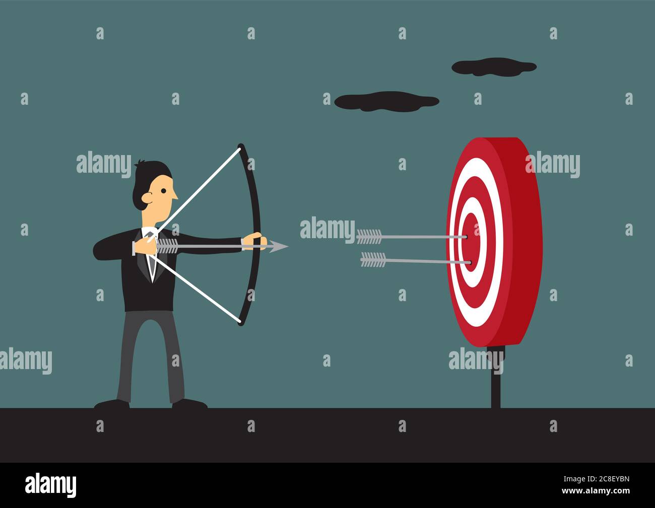 Cartoon man holding bow and arrow aiming at center of target with two ...