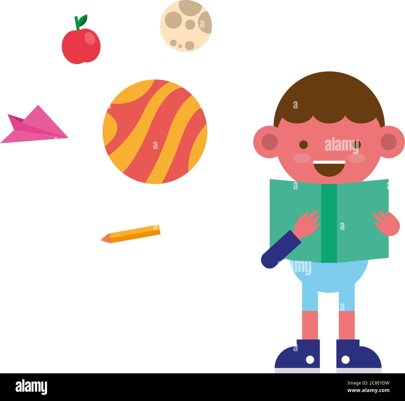 little student boy with set icons comic character vector illustration ...