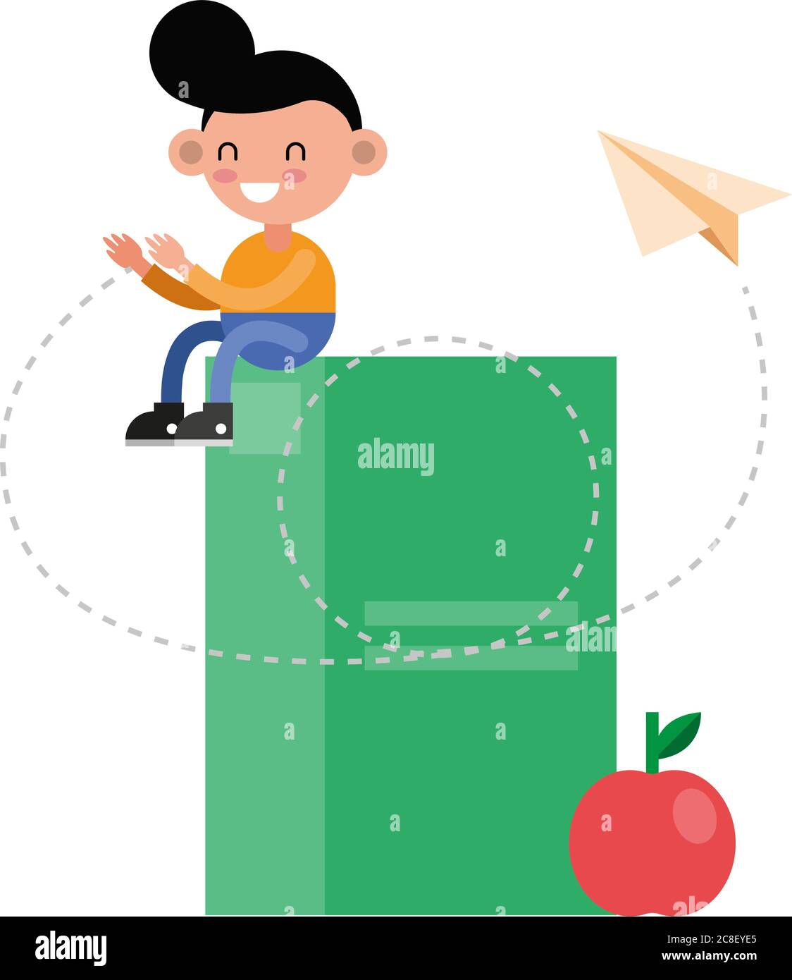 little student boy seated in book comic character vector illustration ...