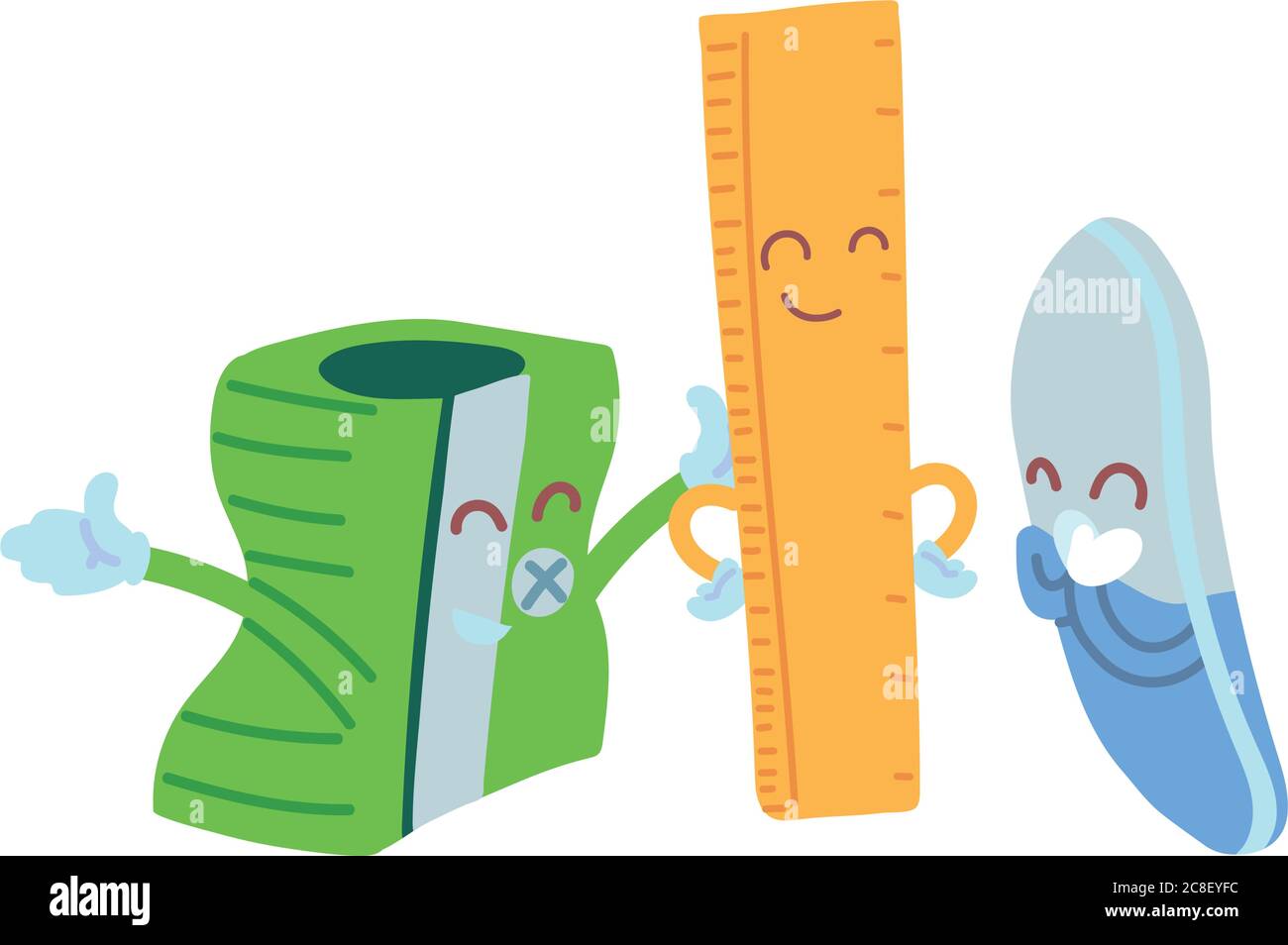 pencil sharpener, ruler and eraser with happy face cartoon, school ...