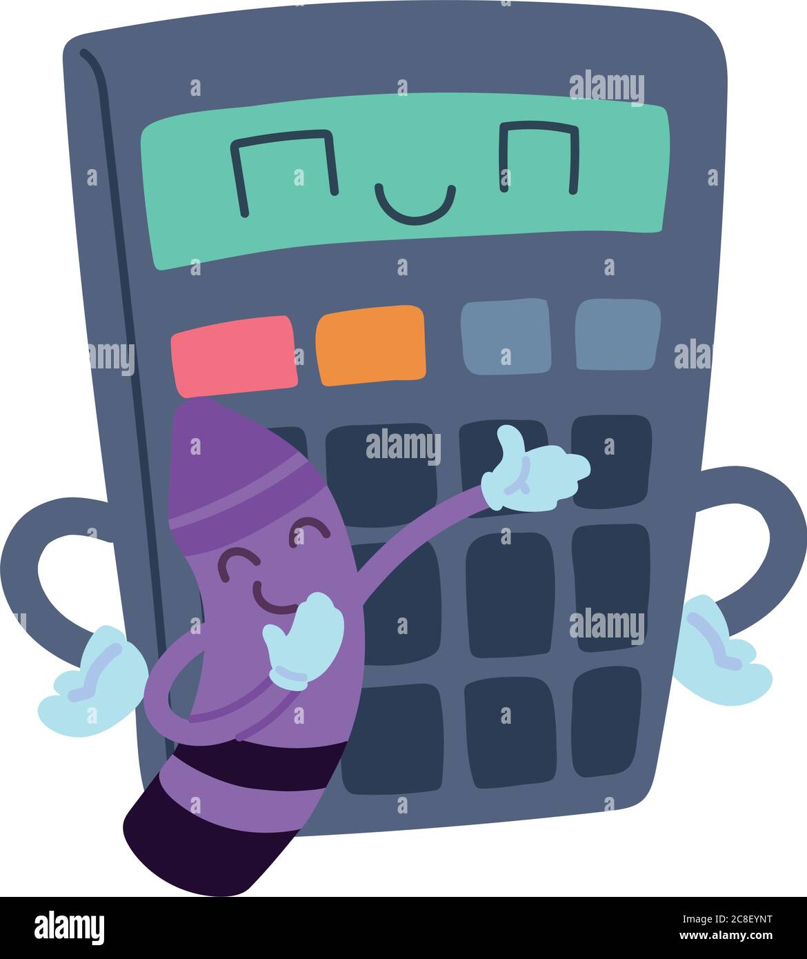 calculator and crayon with happy face cartoon, school supplies vector ...