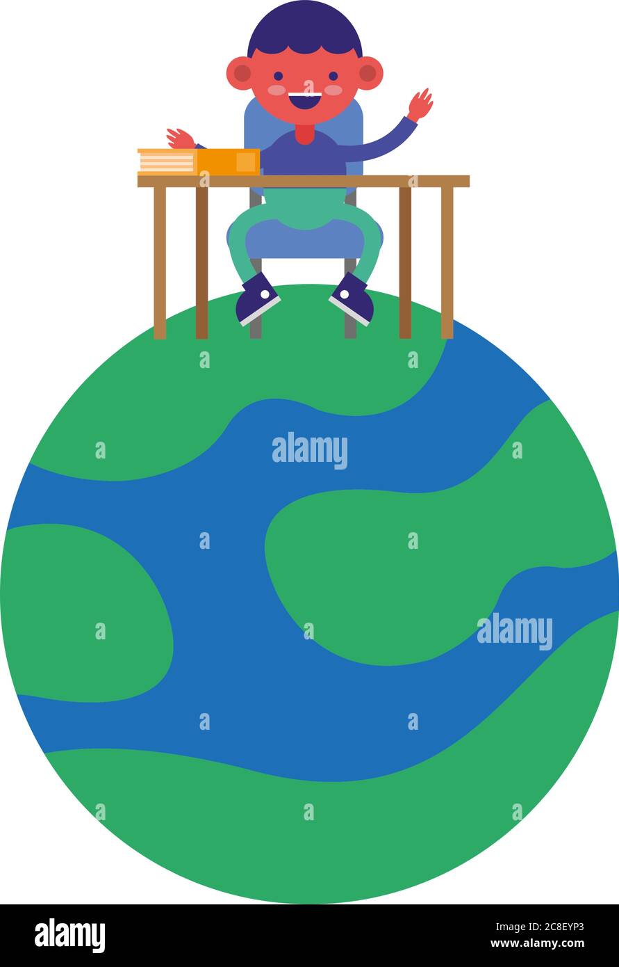 little student boy seated in desk on planet comic character vector ...