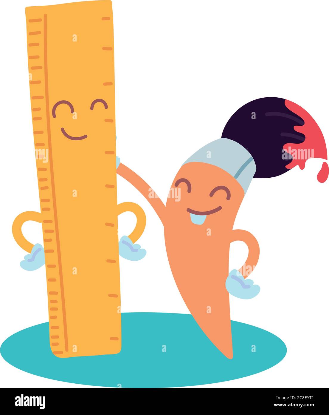 ruler and brush with happy face cartoon, school supplies vector ...